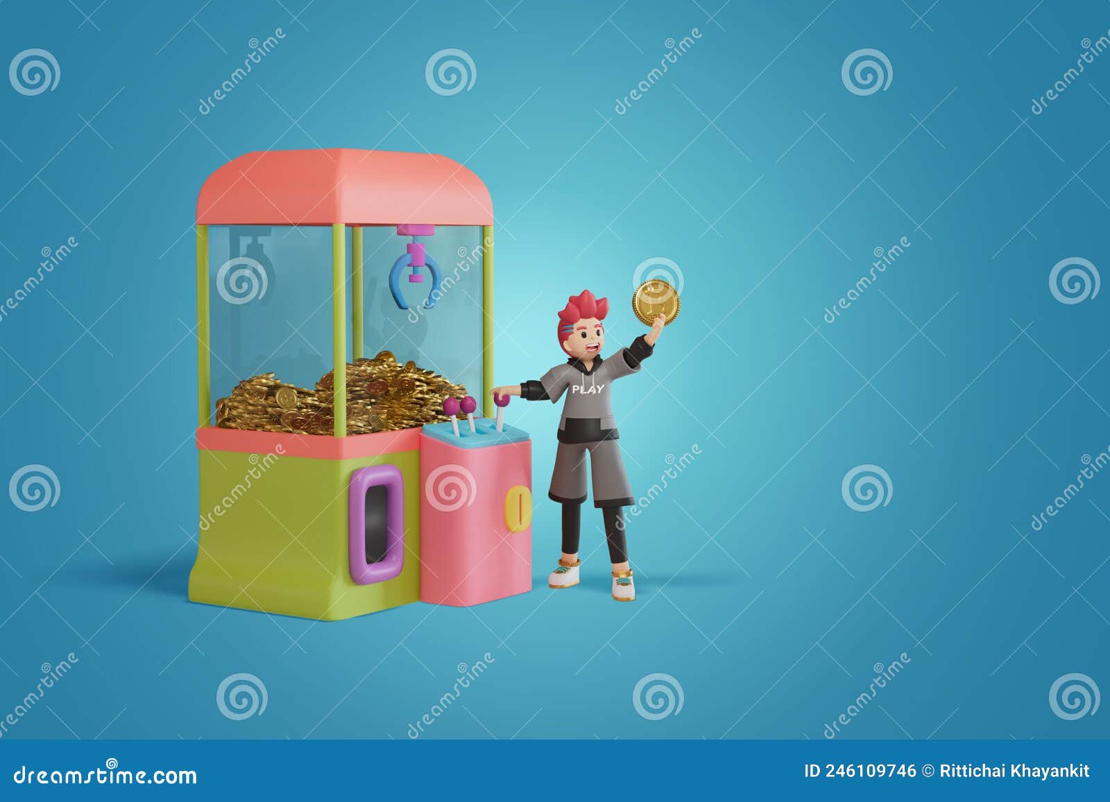 Men Wins Crypto Coin from Claw Machine 3D, Render, Illustration Stock ...