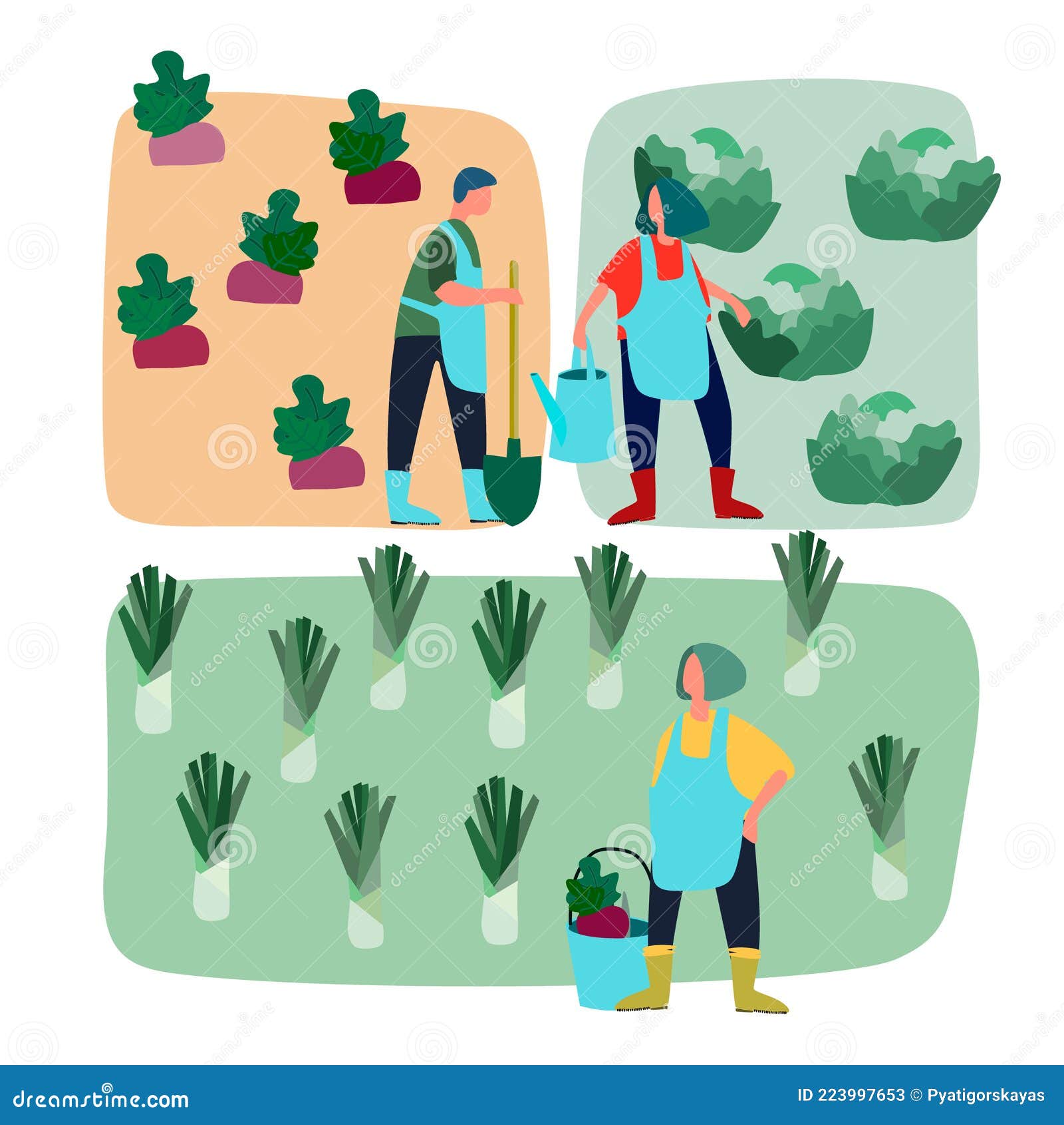 People Doing Agricultural Works On Vegetable Patch Vector Flat