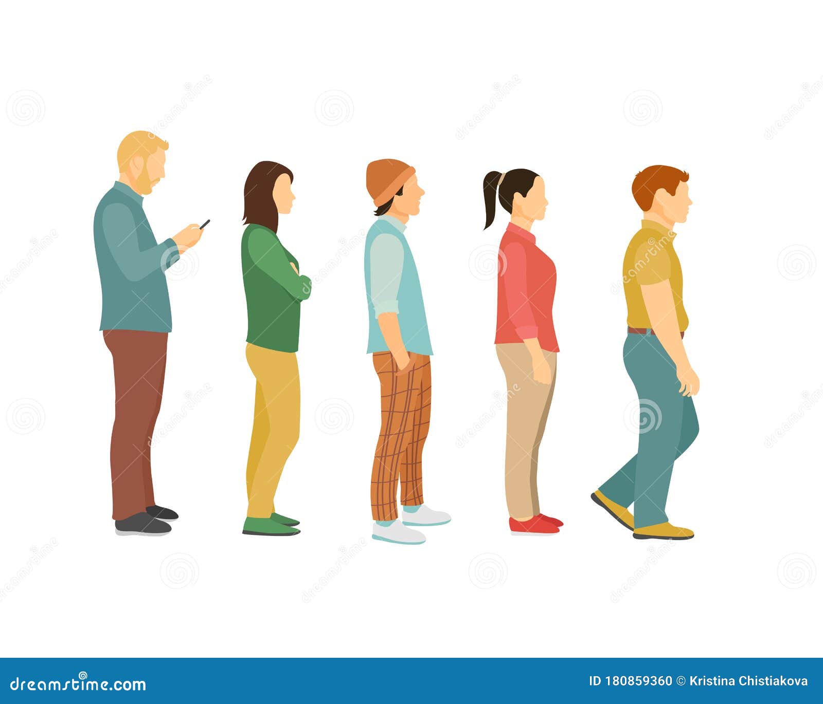 Men and Women Queue, One after Another Full View Side. Flat Vector ...