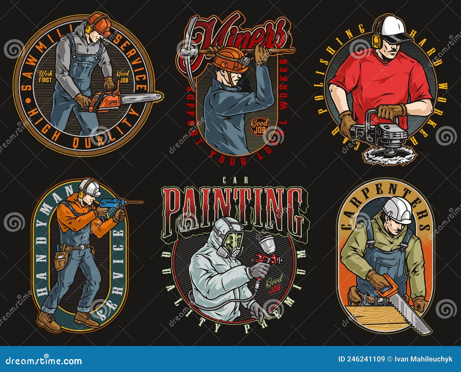 Men at Work Colorful Emblems Set Stock Vector - Illustration of waxing ...