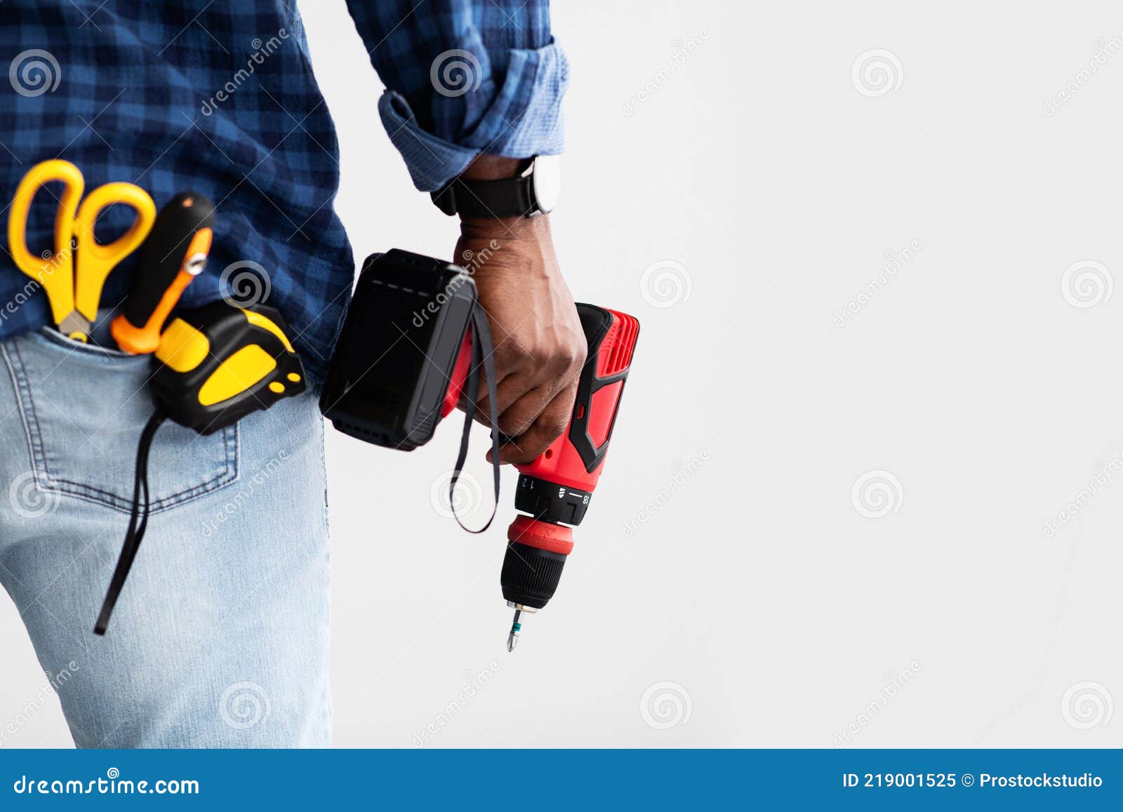 Men Work Concept. Black Man Holding Screwdriver, with Tools in Pocket ...