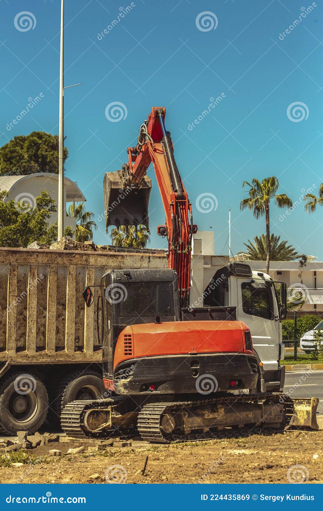 Men at Work. Works Excavator and a Large Truck Stock Image - Image of ...
