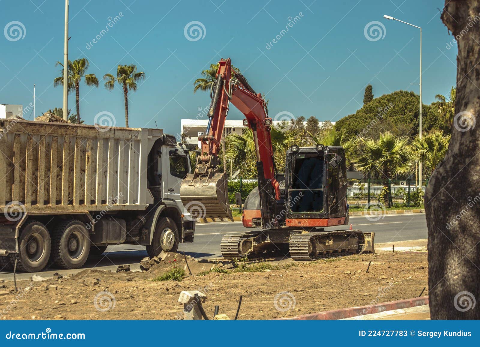 Men at Work. Works Excavator and a Large Truck Stock Image - Image of ...