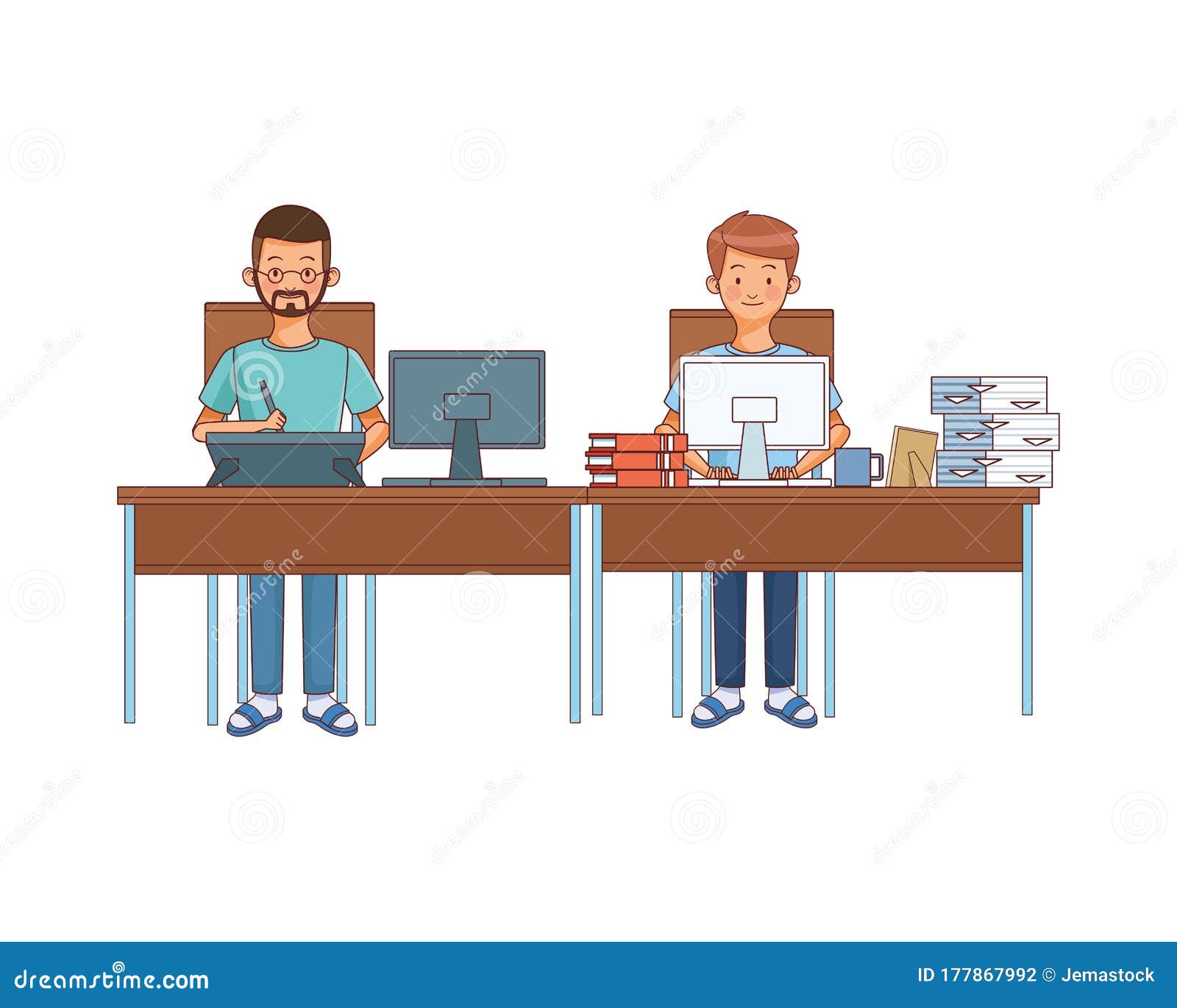Men Working with Desktop in Desks Characters Stock Vector ...