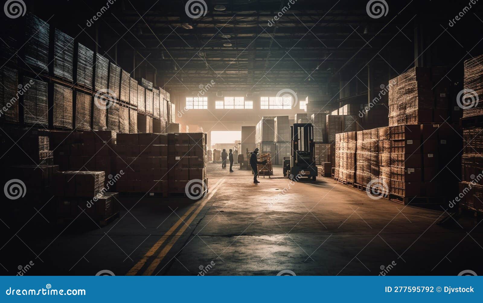 Men Working Inside Warehouse, Forklift Transporting Cargo Generated by ...