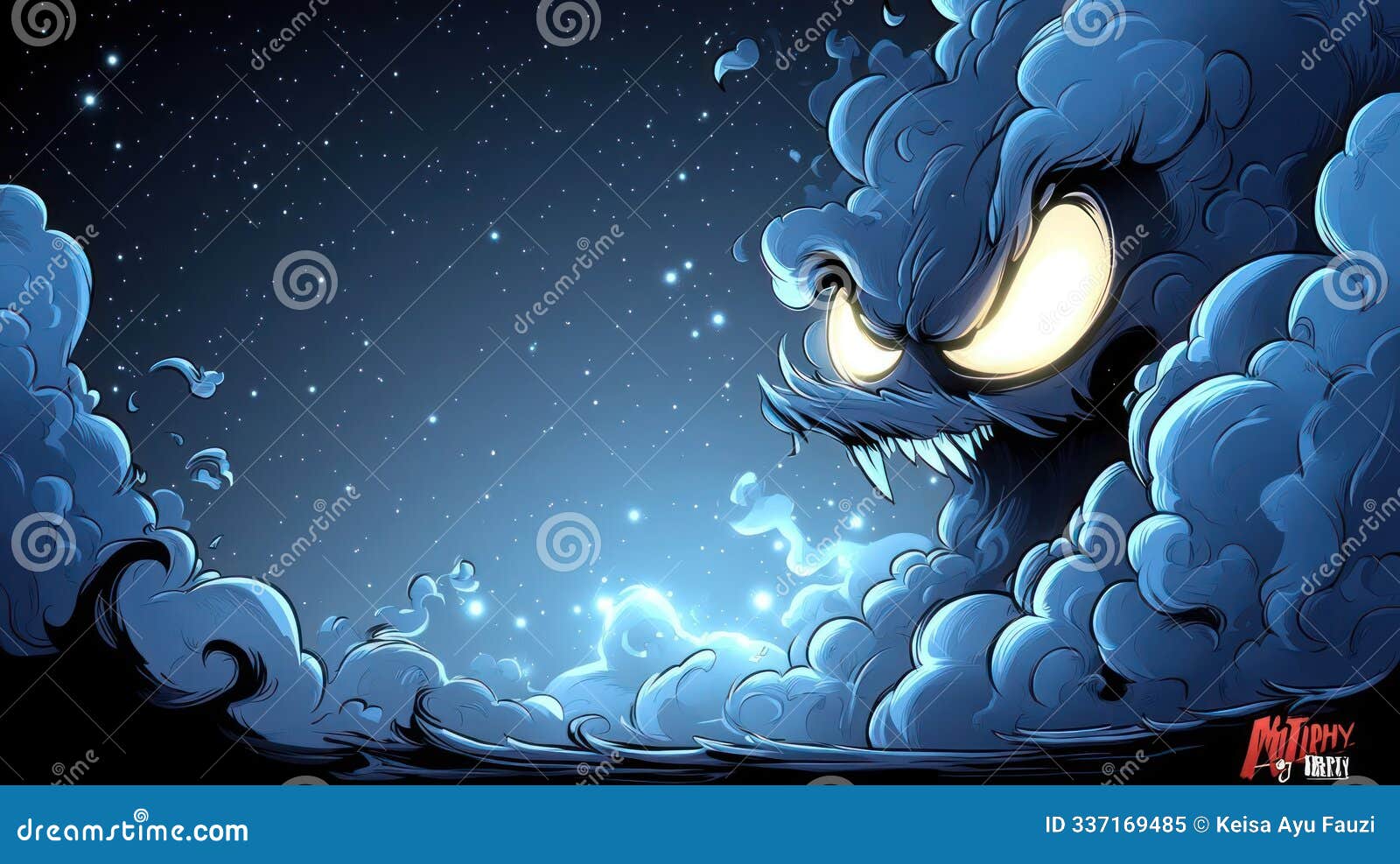 A Menacing Cloud Creature with Glowing Eyes Looms in a Starry Night Sky ...