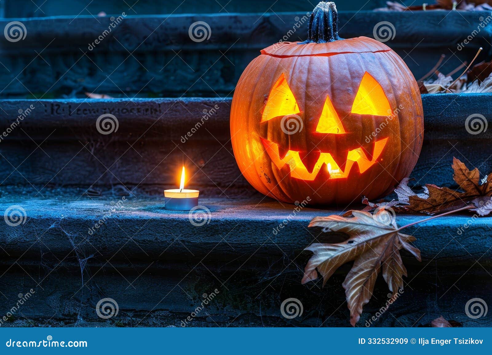 Menacing Jack O Lantern on Porch Step with Flickering Candle in Spooky ...