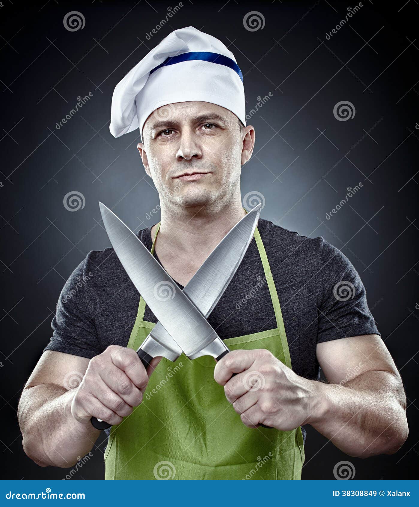 Menacing Man Cook Holding Two Sharp Knives Stock Image - Image of grey ...