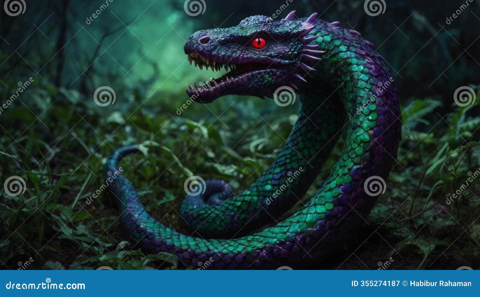 A Menacing Serpent with Glowing Red Eyes Coiled in the Shadows of a ...