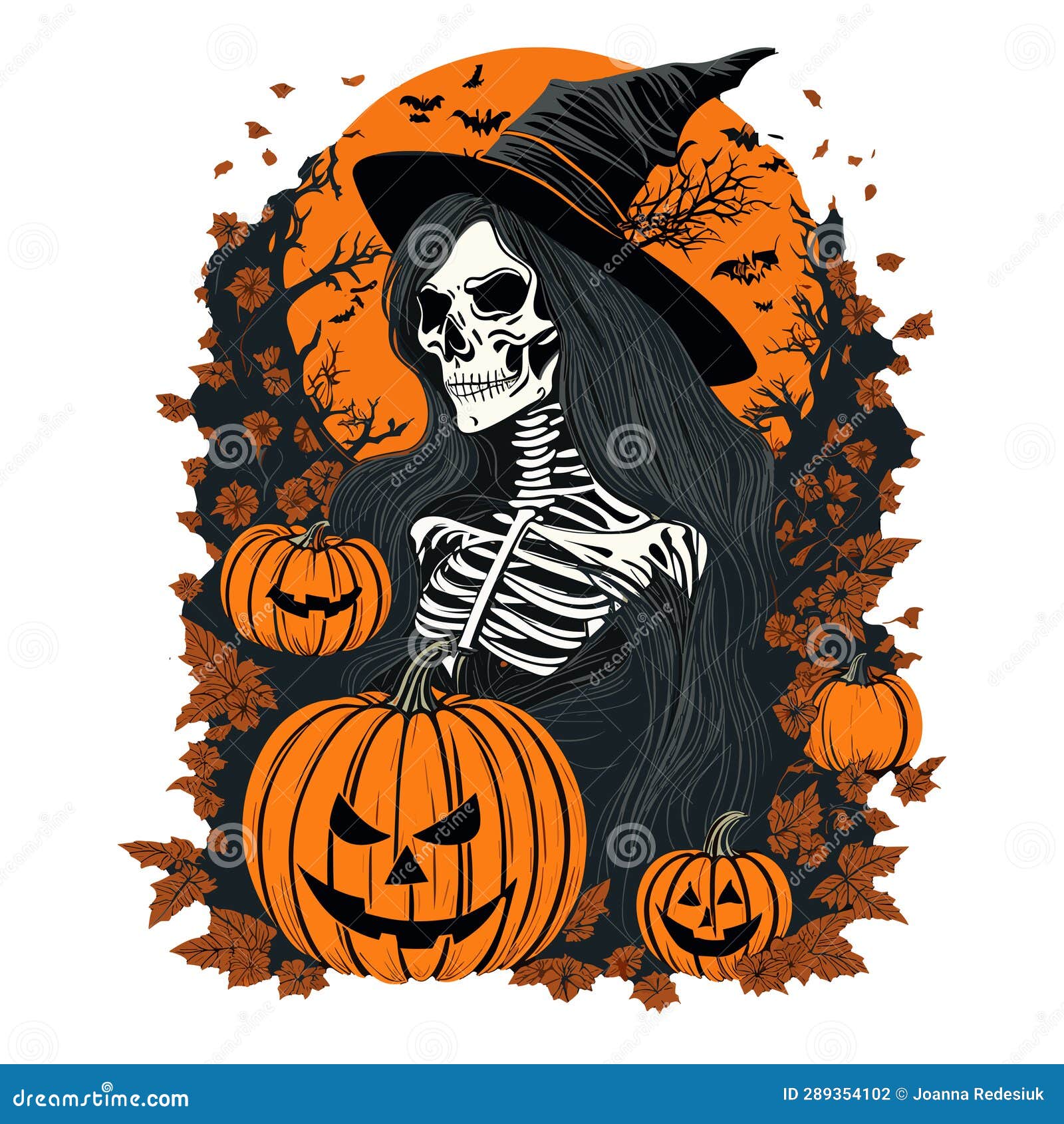 Menacing Witch Skeleton Skull on Halloween Night Stock Illustration ...