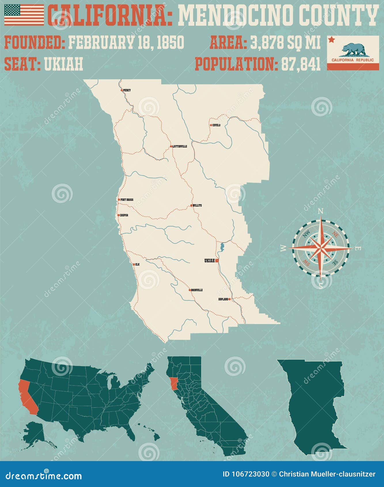 Mendocino County in California. Stock Vector - Illustration of city ...