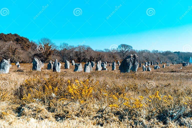 Menhir Alignment of Kerlescan Stock Image - Image of megalith ...