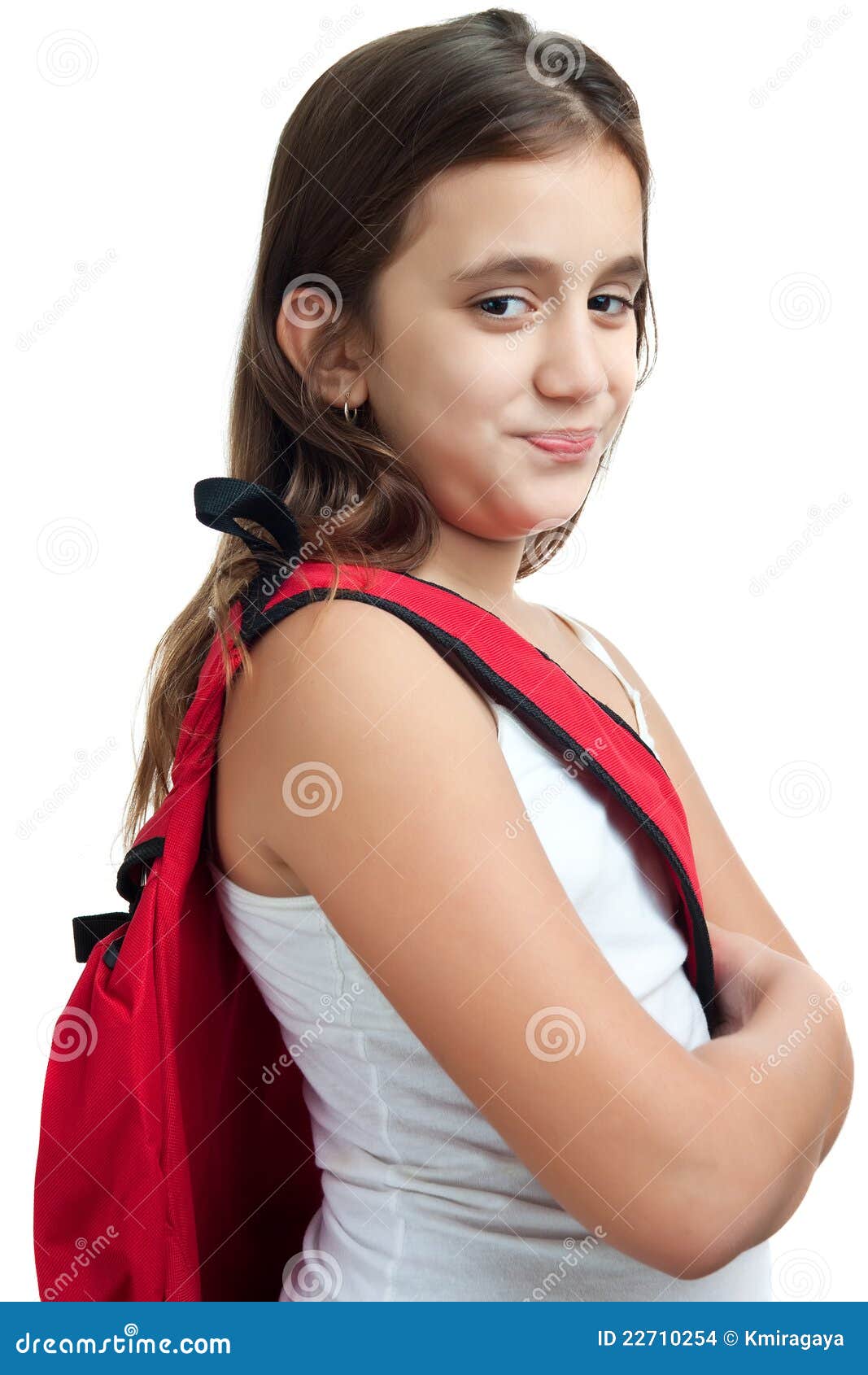 Menina Com Uma Trouxa Da Escola Isolada No Branco Foto De Stock