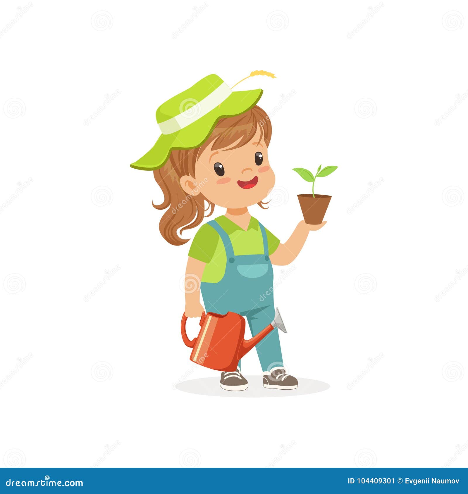 Menina De Sorriso Que Está Com Planta E A Lata Molhando Nas Mãos