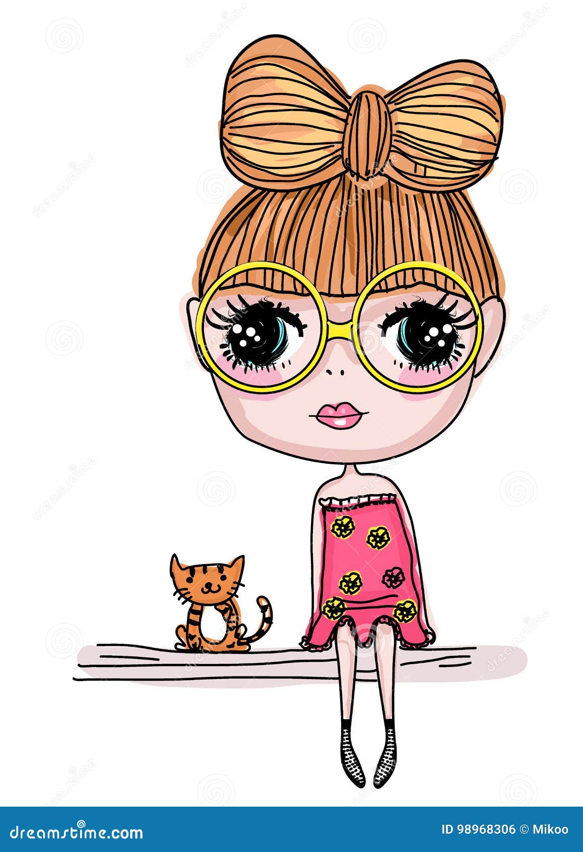 Menina e gato bonitos ilustração do vetor. Ilustração de compras - 98968306