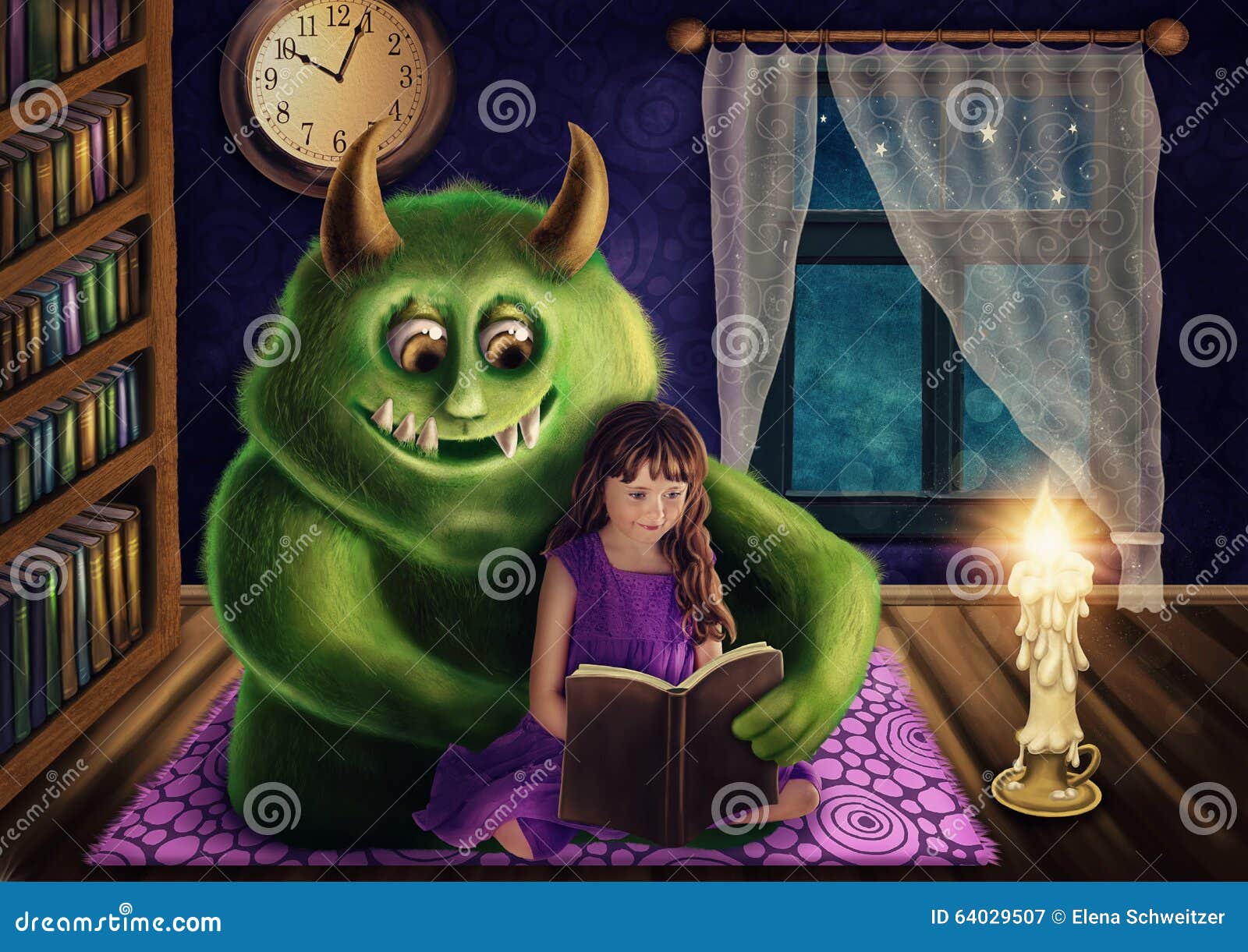 Menina e um monstro verde ilustração stock. Ilustração de colorido ...
