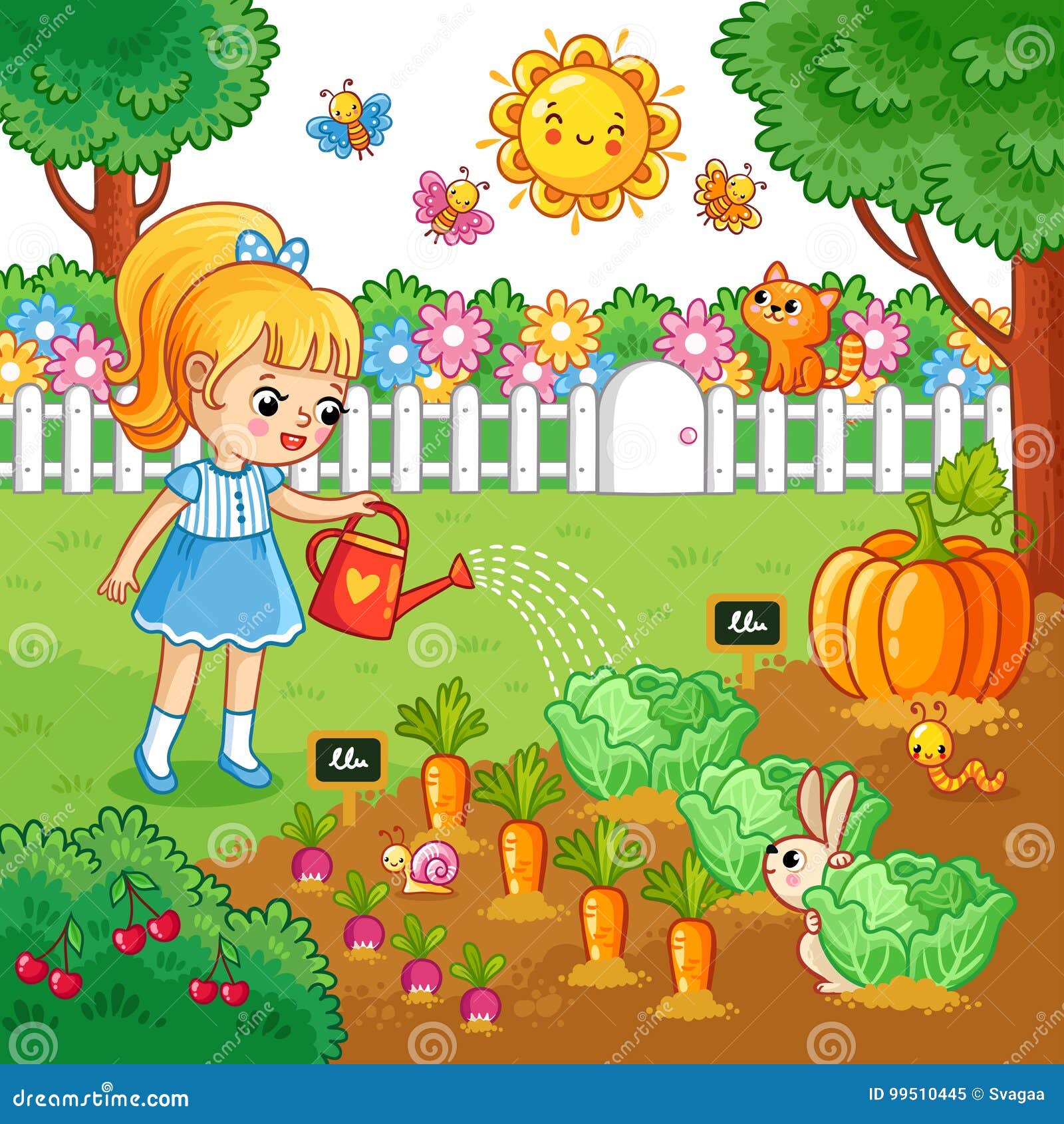 A Menina Está Molhando A Cama Do Jardim Com Vegetais Ilustração Stock
