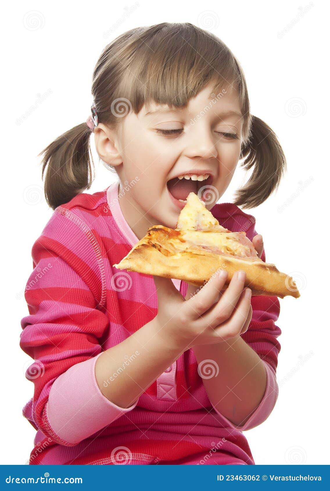 Menina Feliz Que Come a Pizza Foto de Stock - Imagem de jantar, alegria ...