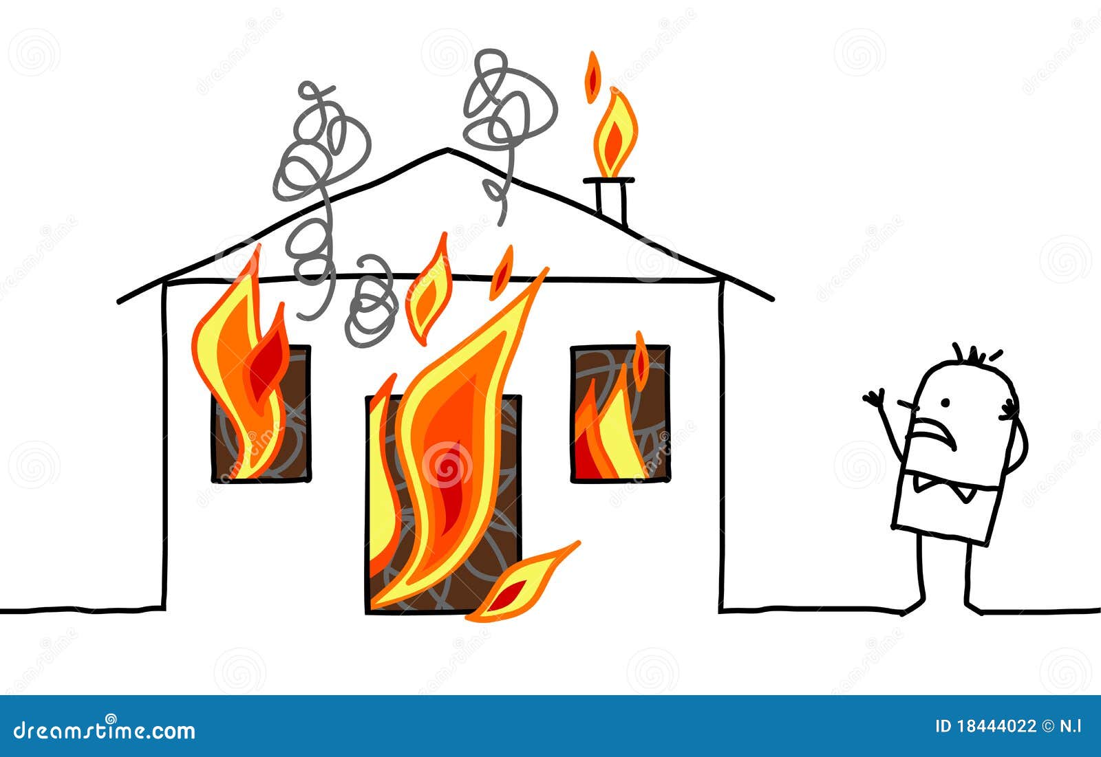 Mens met huis & brand vector illustratie. Illustration of vlammen ...