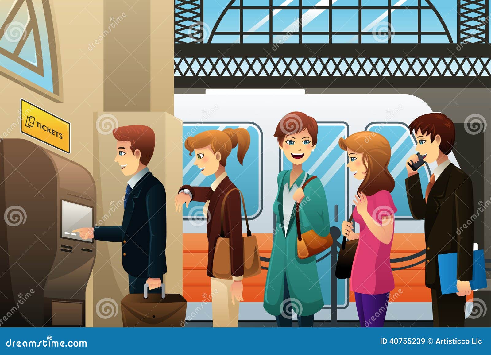 Mensen Die Treinkaartje Kopen Vector Illustratie - Illustration of ...