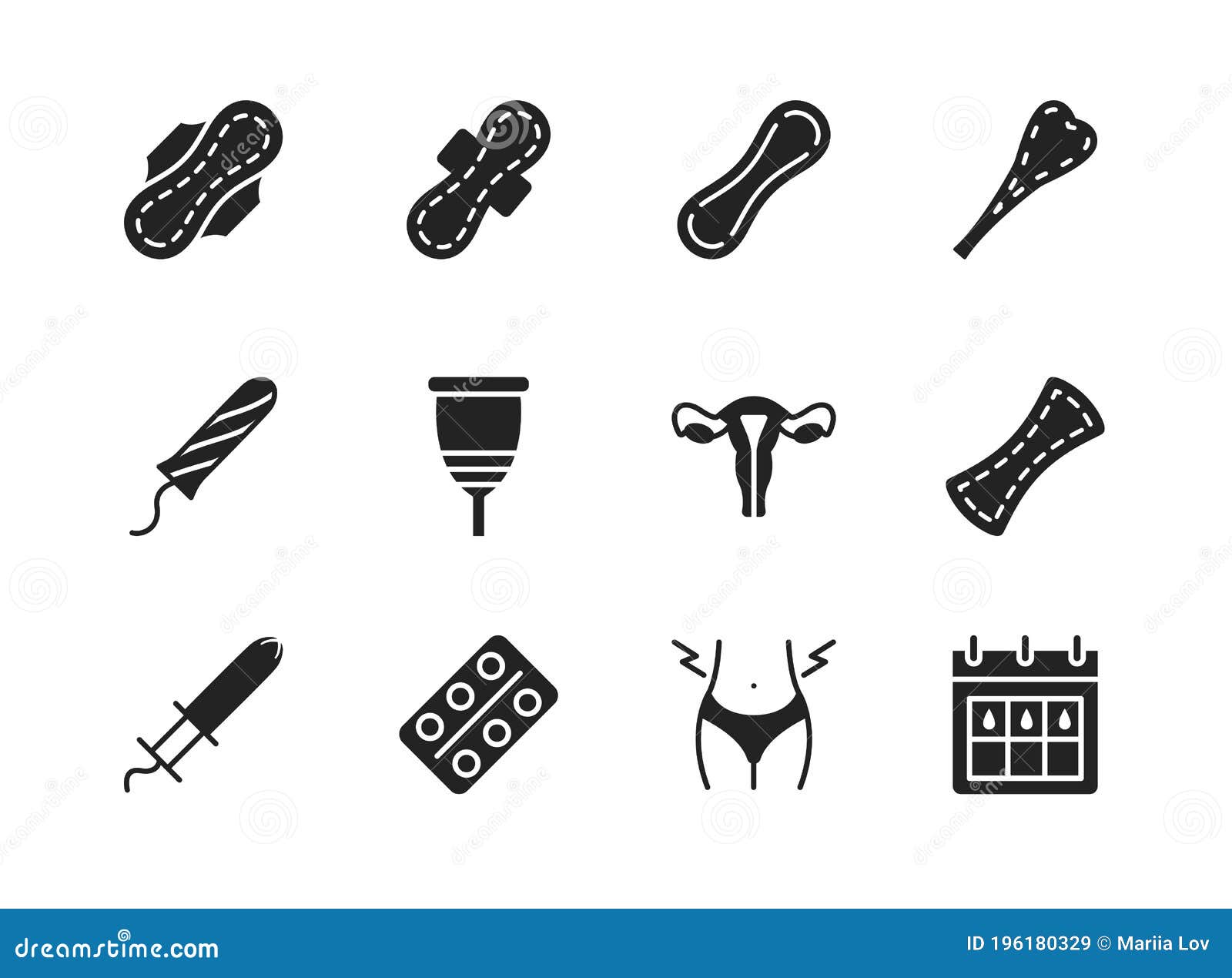 Menstruation Flat Glyph Icon Set Can Be Used To Illustrate Feminine Hygiene And Health Stock