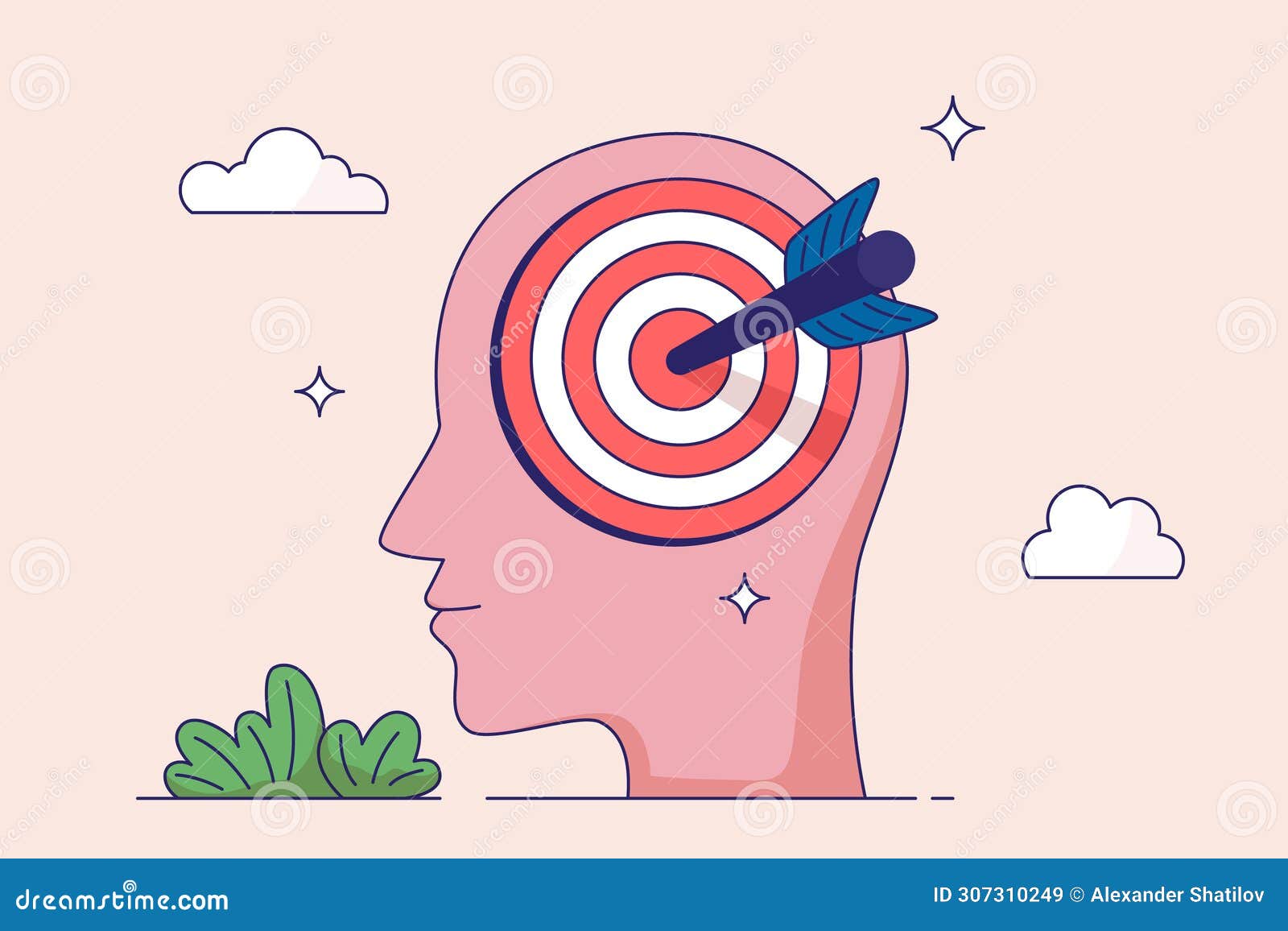 Mental Concentration Concept. Human Heads Silhouette with Arrow on ...