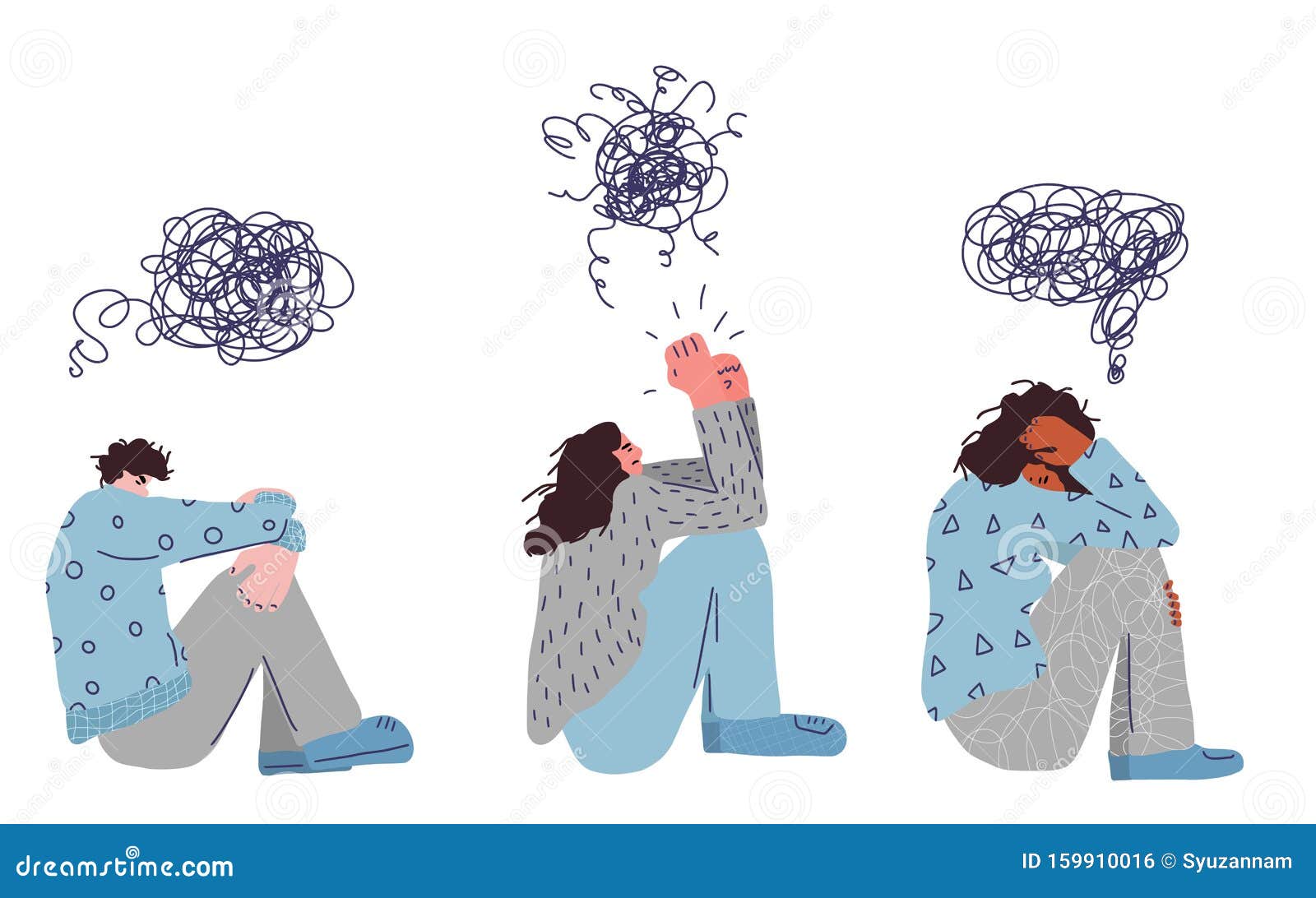 Mental Disoder. Young People Sitting On The Floor Vector Illustration ...