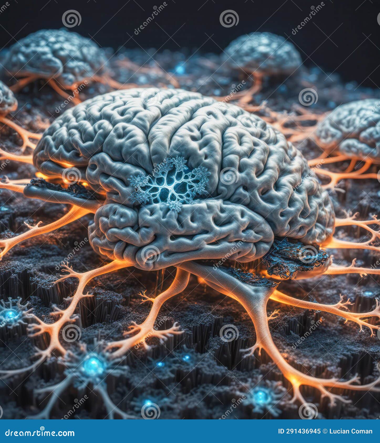 Mental Health Concept Brain Evolving With Orange Synapses Roots In The ...