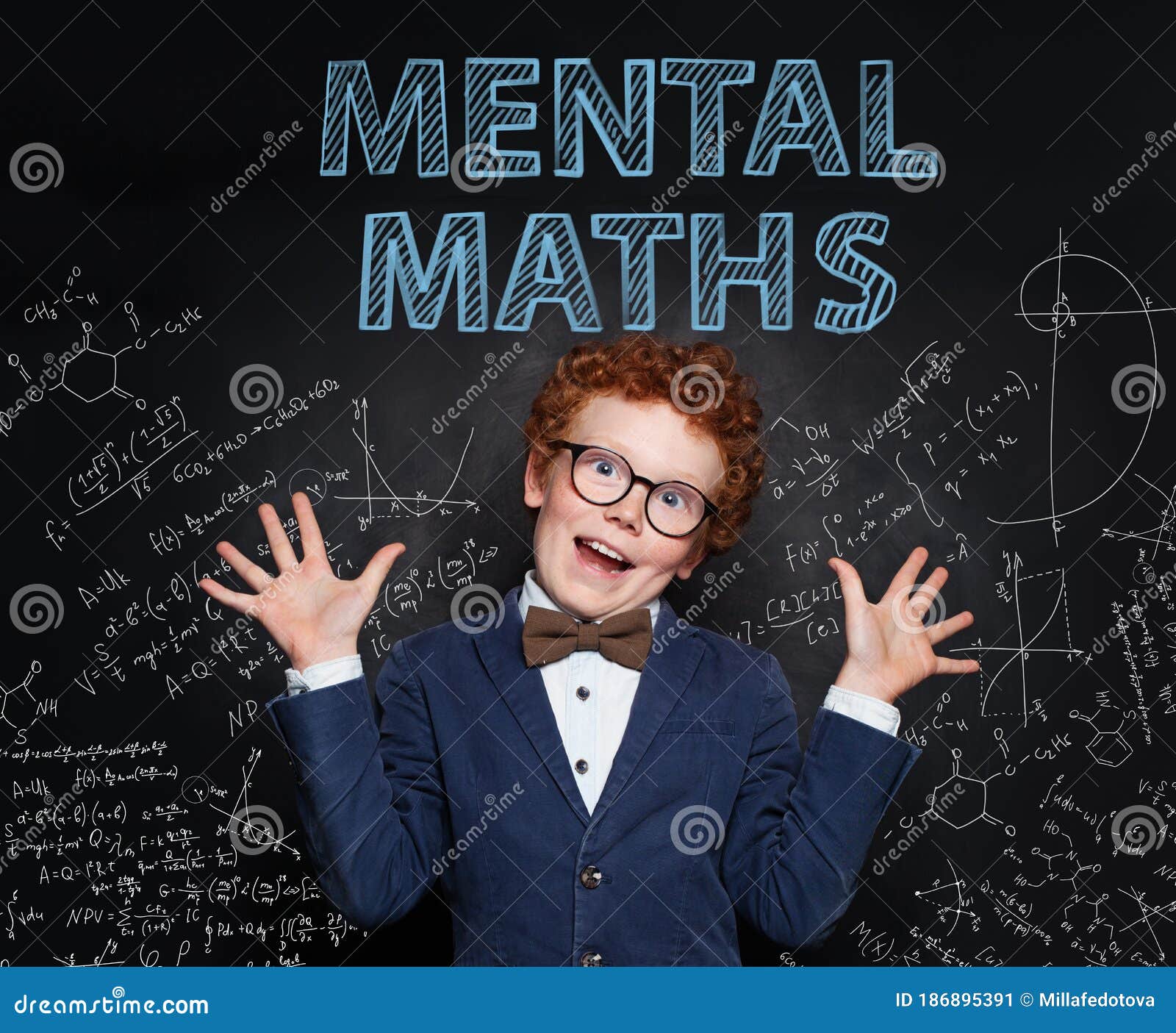 Mental Maths Concept With Little Kids Student On Blackboard Background ...