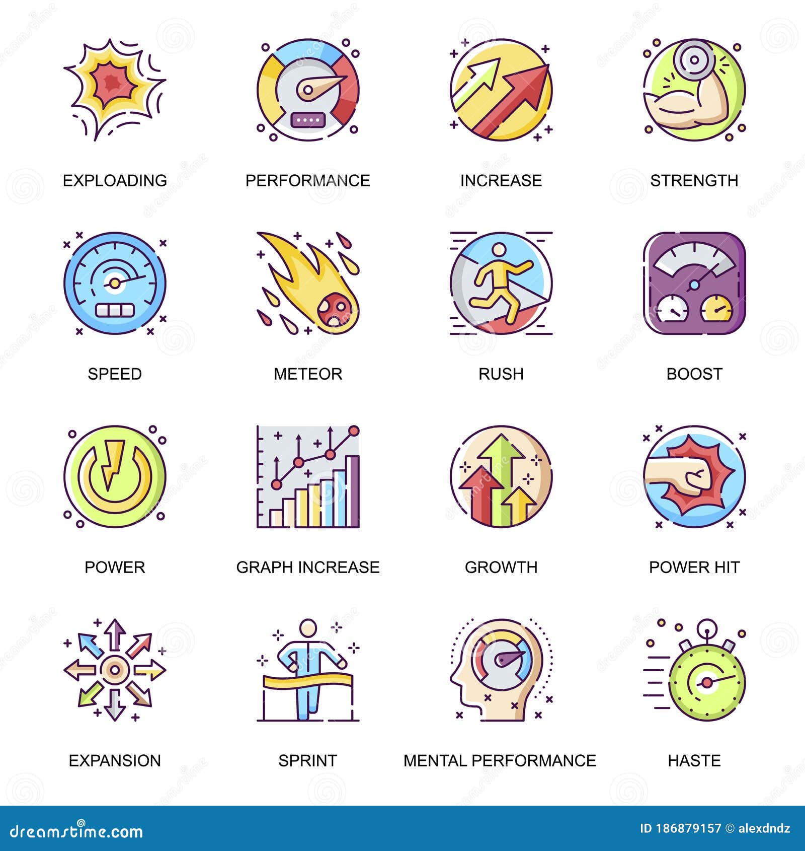 Mental Performance Flat Icons Set. Power Hit Stock Vector - Illustration of linear, boost: 186879157
