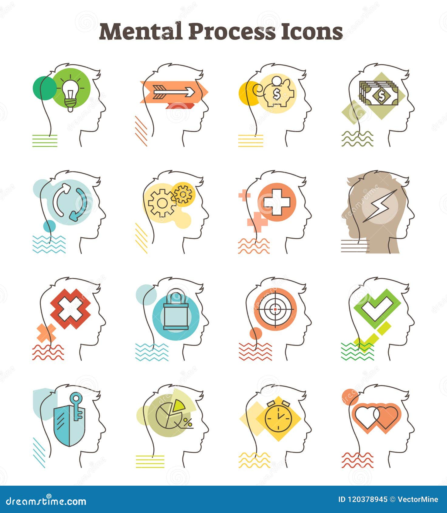 Vector Illustration Set of Mental Process Icons. Head Outline ...
