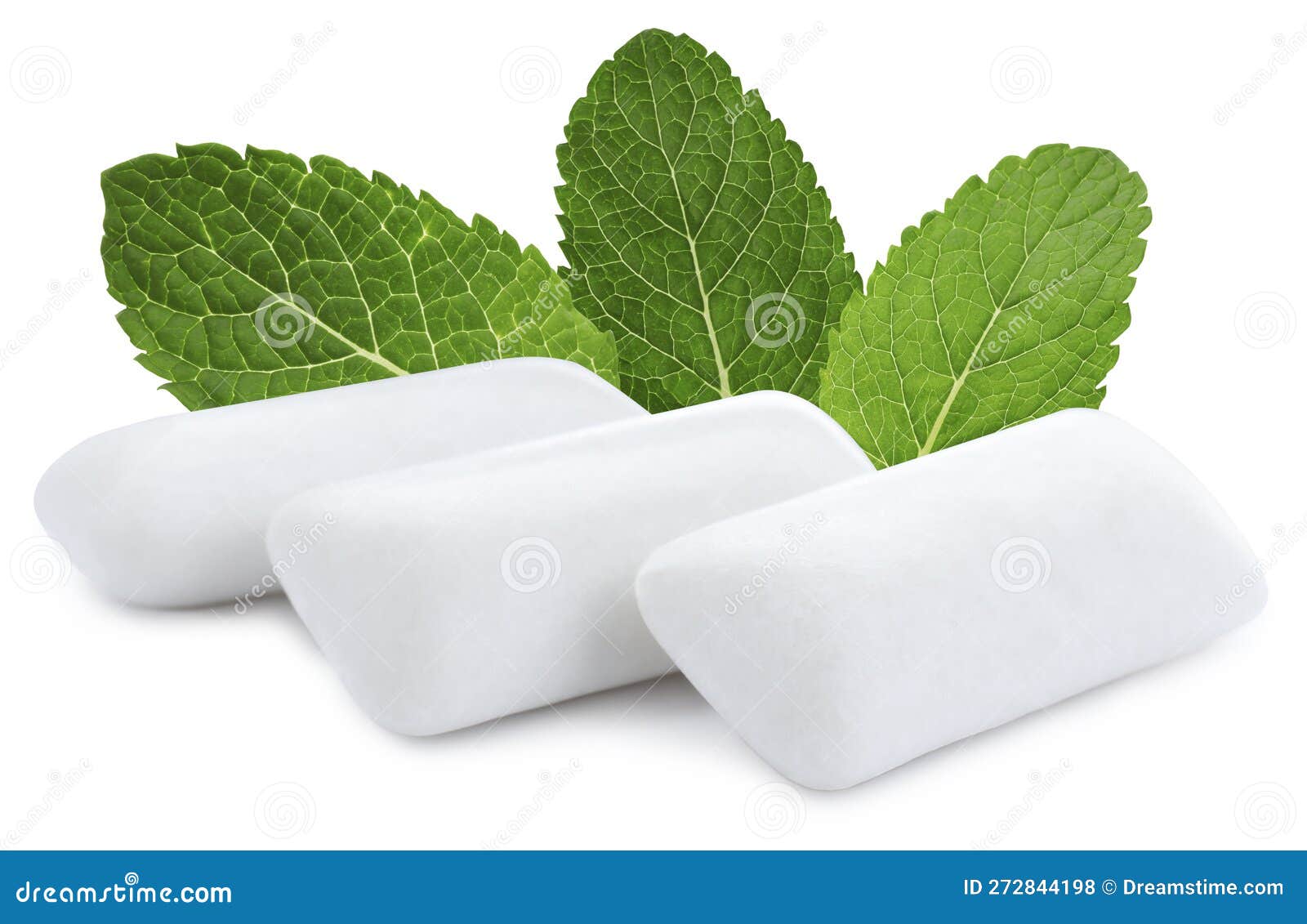 Menthol Chewing Gum Pillows and Mint Leaves on White Background Stock ...
