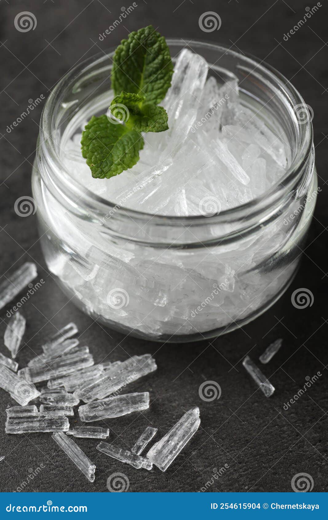 Menthol Crystals and Mint Leaves on Grey Background Stock Photo - Image ...