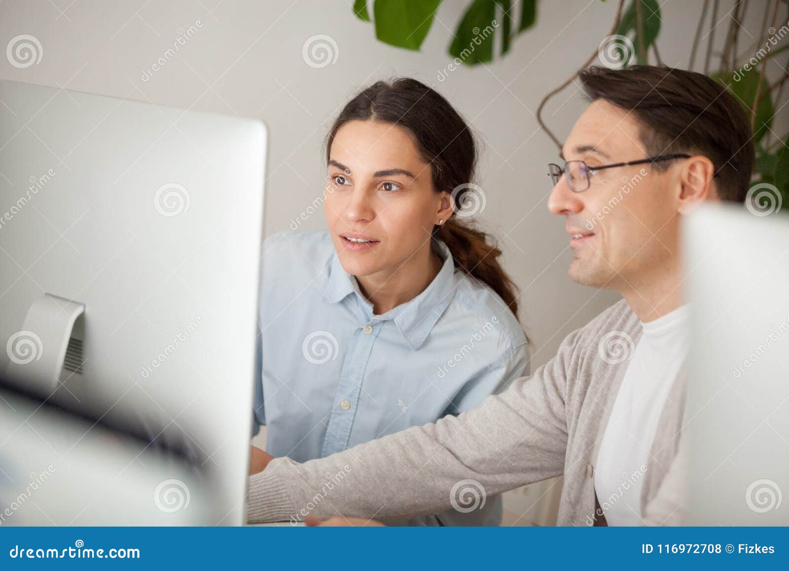 Mentor Helping Intern Explaining Trainee or New Employee Online Stock ...