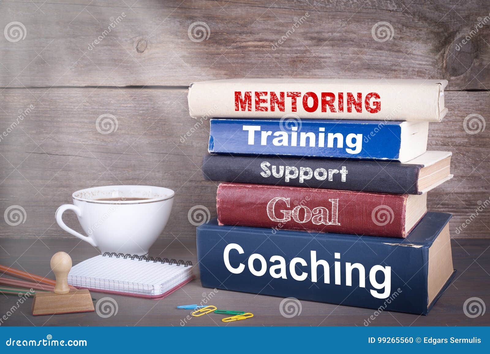 Mentoring Concept. Stack of Books on Wooden Desk Stock Photo - Image of ...