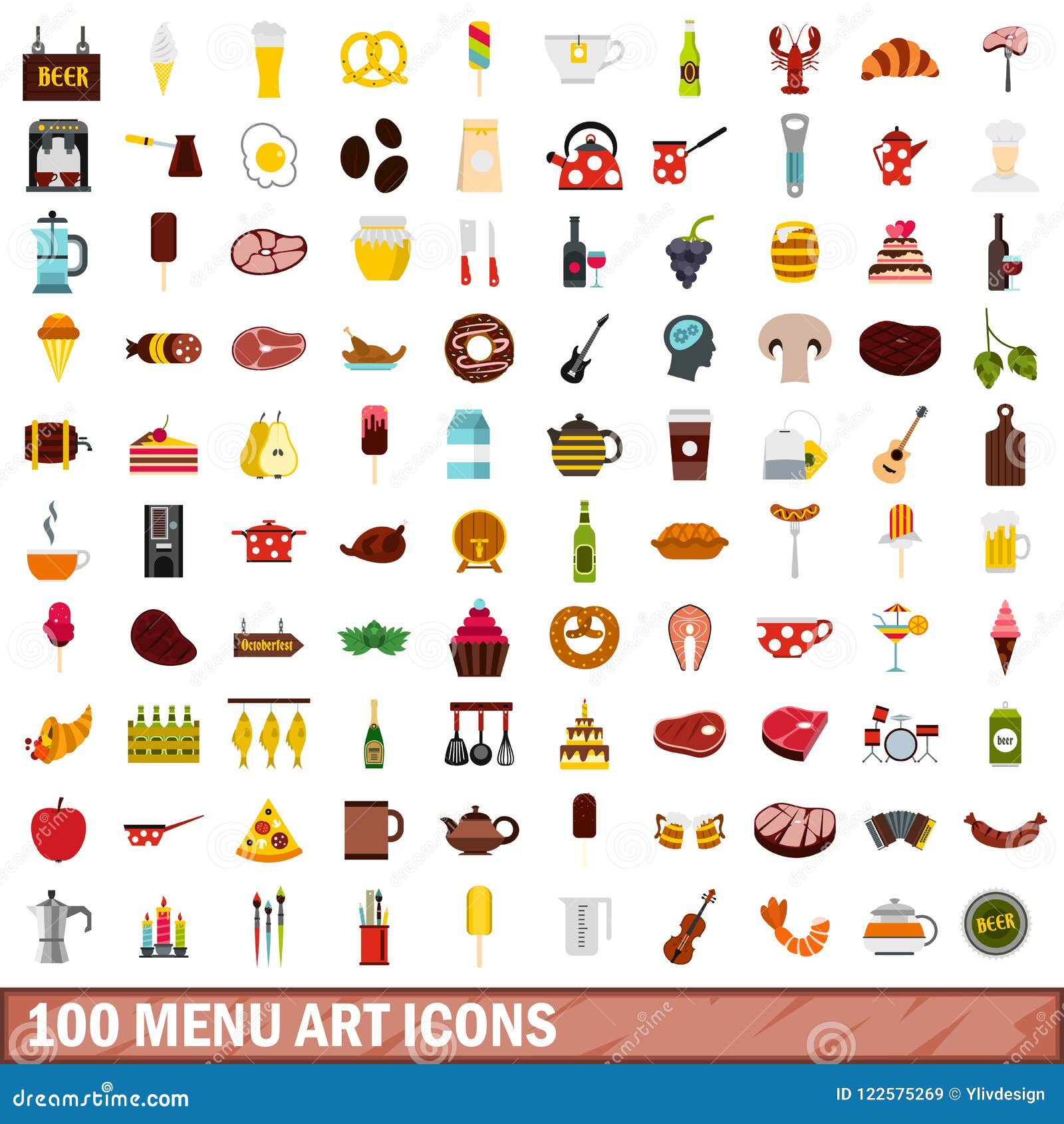 100 Menu Art Icons Set, Flat Style Stock Vector - Illustration of ...