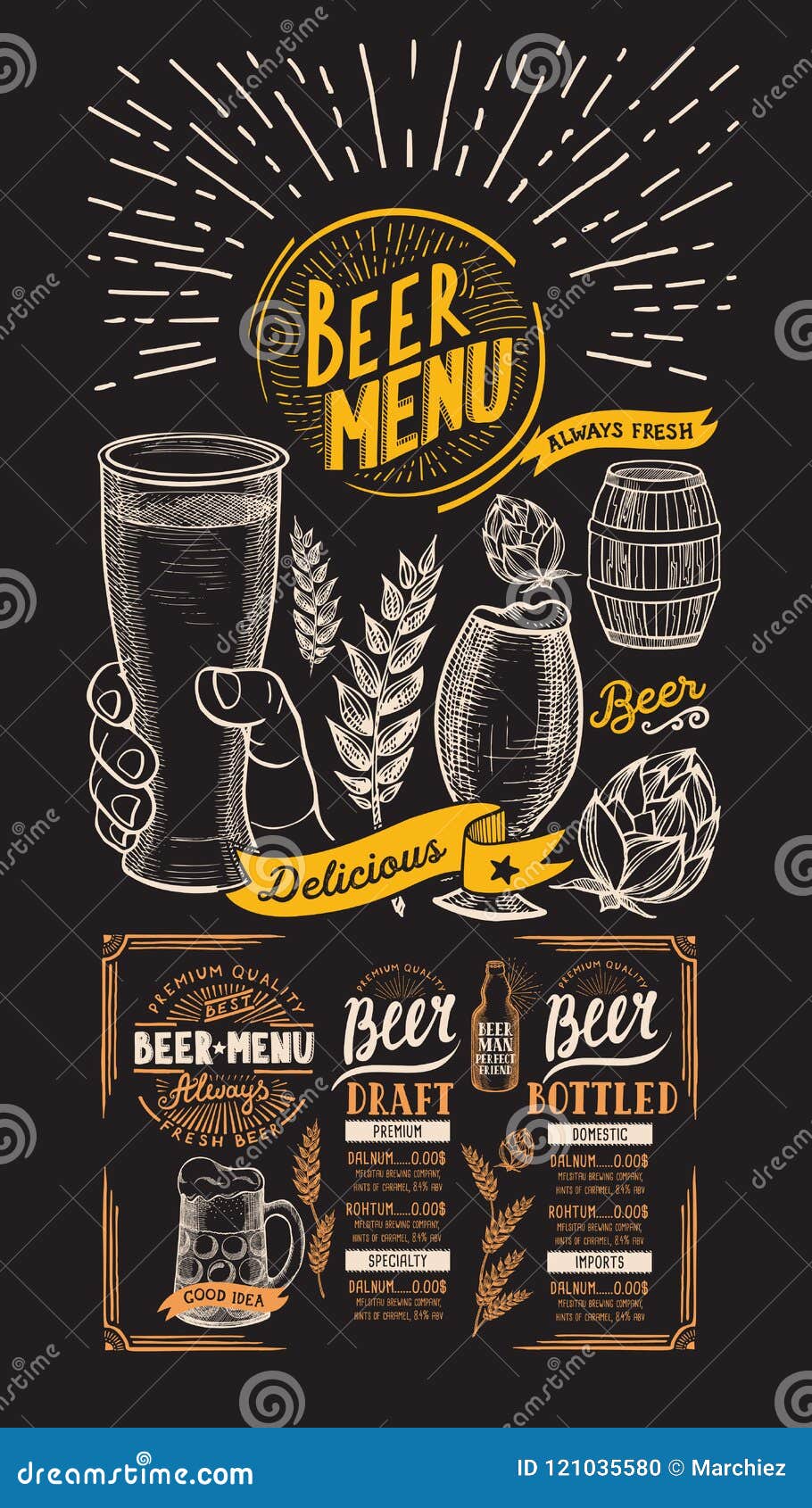Menu for Beer Restaurant. Design Template with Hand-drawn Graphic ...