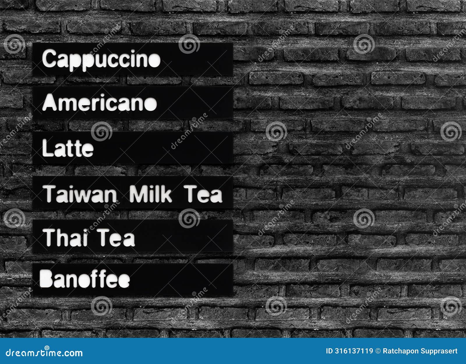 Menu Coffee and More on Black Brick Wall Stock Image - Image of black ...