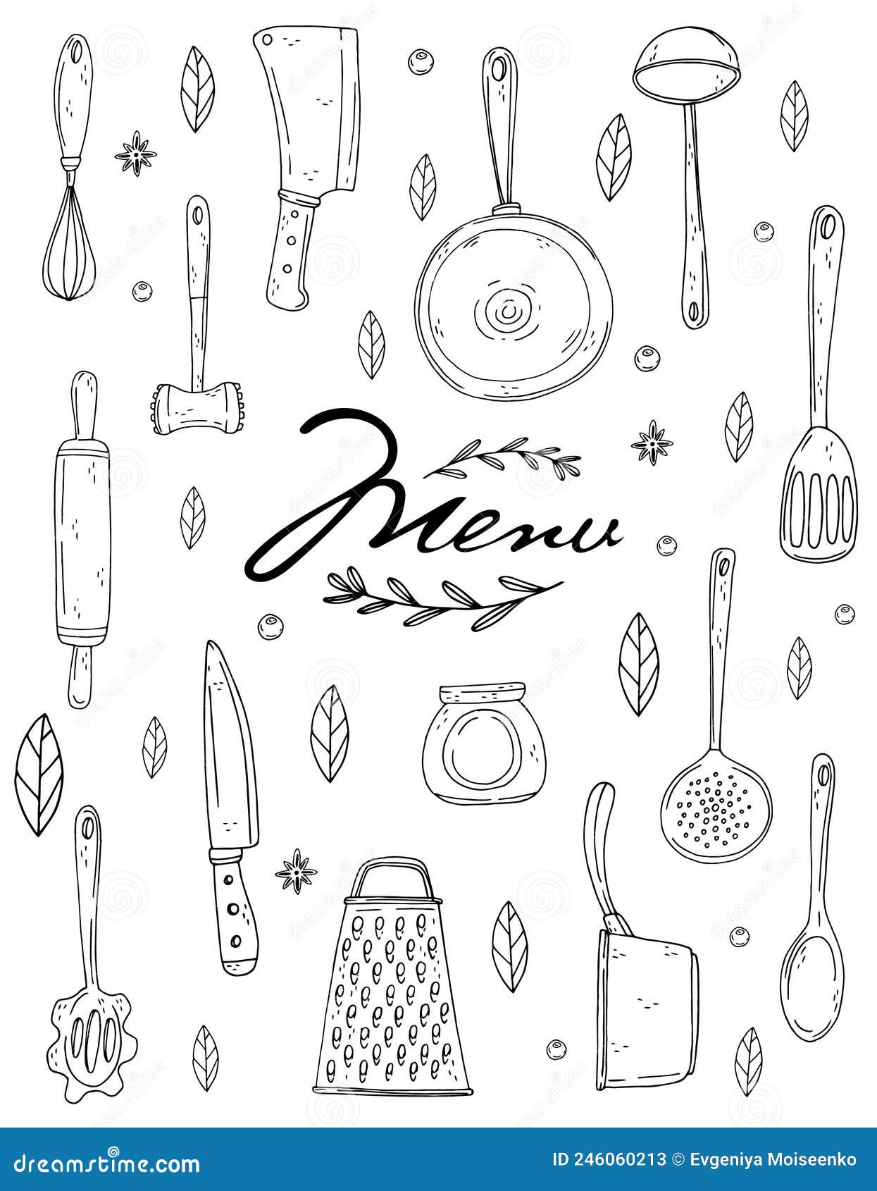 Menu Cover with Hand Drawn Kitchenware Stock Vector - Illustration of ...