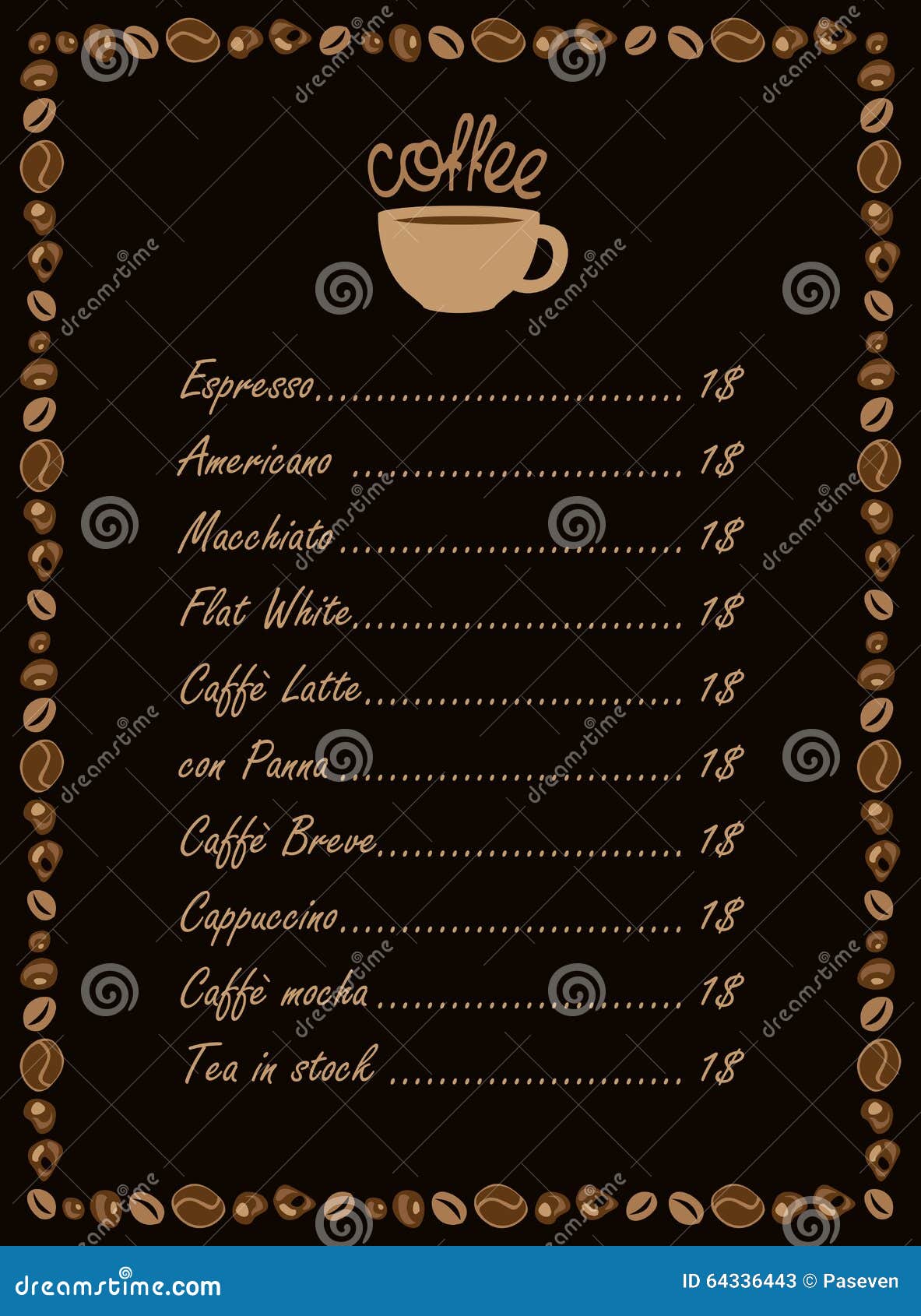 Menu for a cup of coffee stock vector. Illustration of beverage - 64336443
