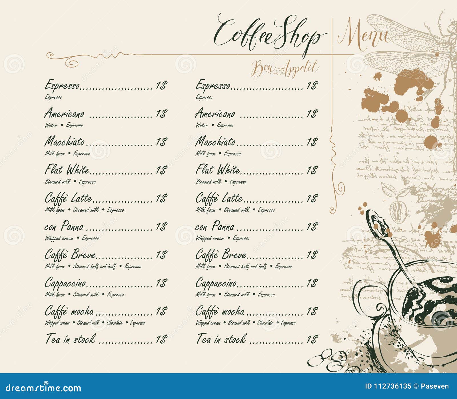 Menu Della Caffetteria Con Il Listino Prezzi E Le Immagini ...