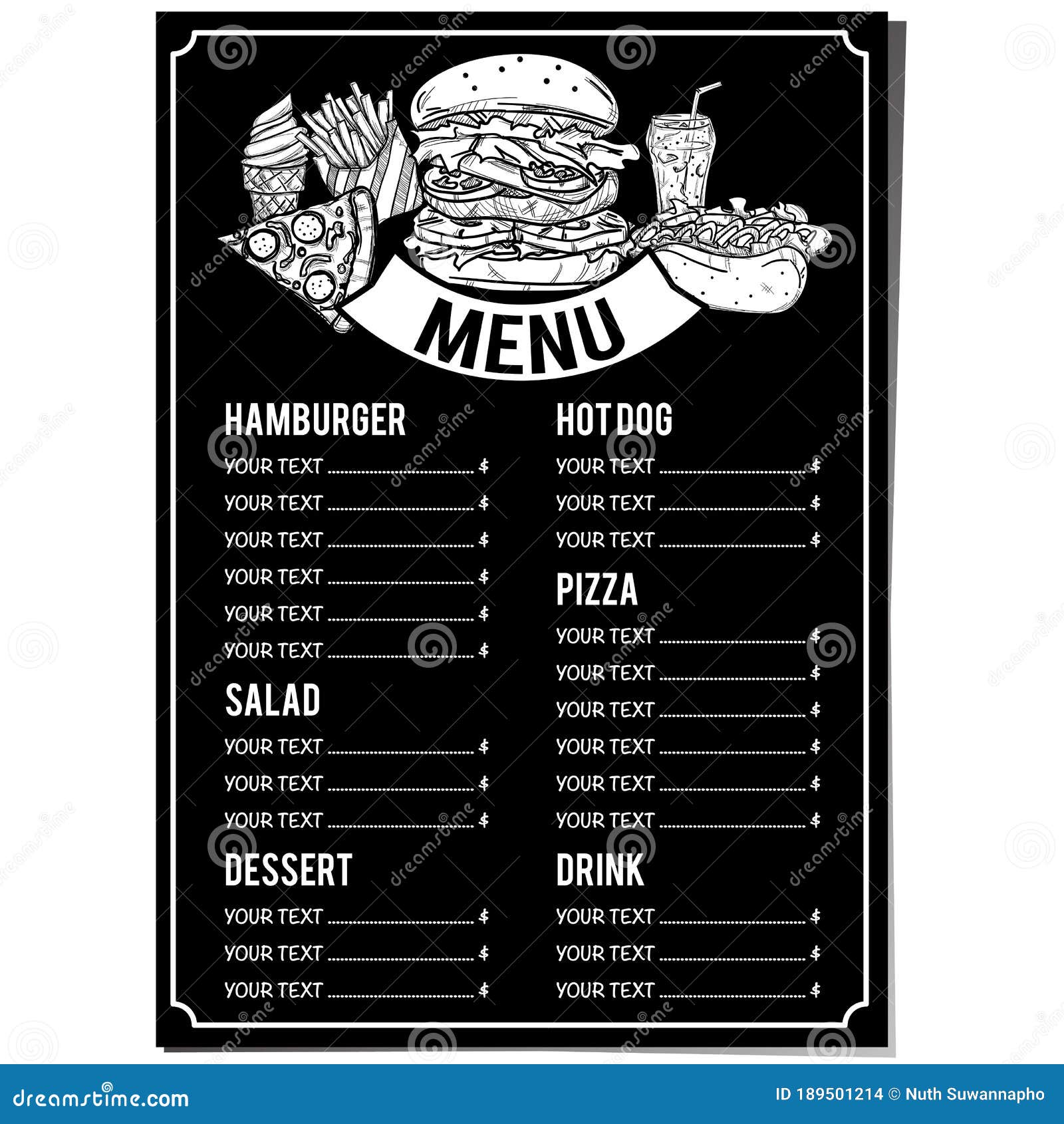 Menu Food Restaurant Template Design Hand Drawing Graphic Stock Vector ...