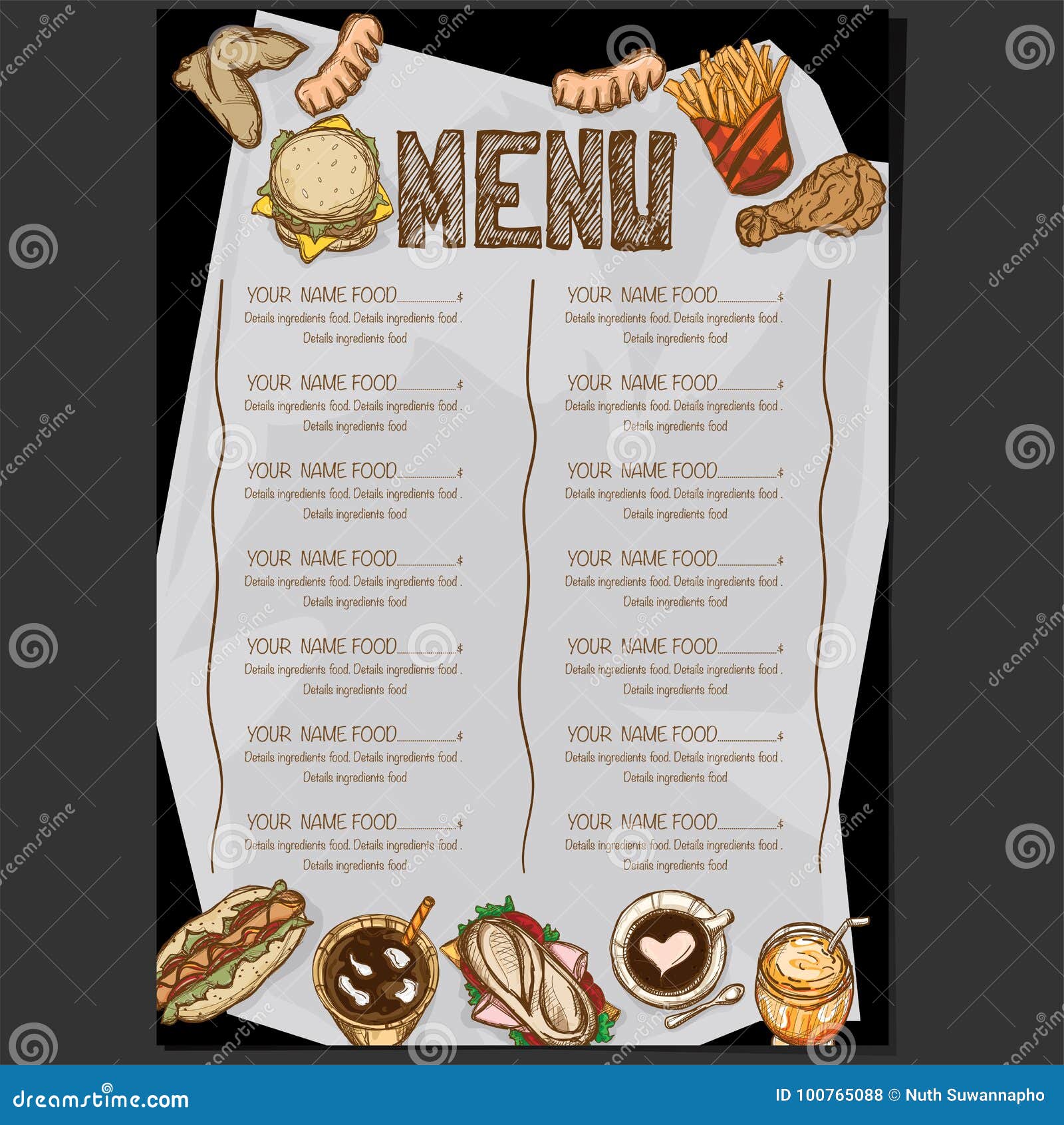 Menu Food Restaurant Template Design Hand Drawing Graphic Stock Vector ...
