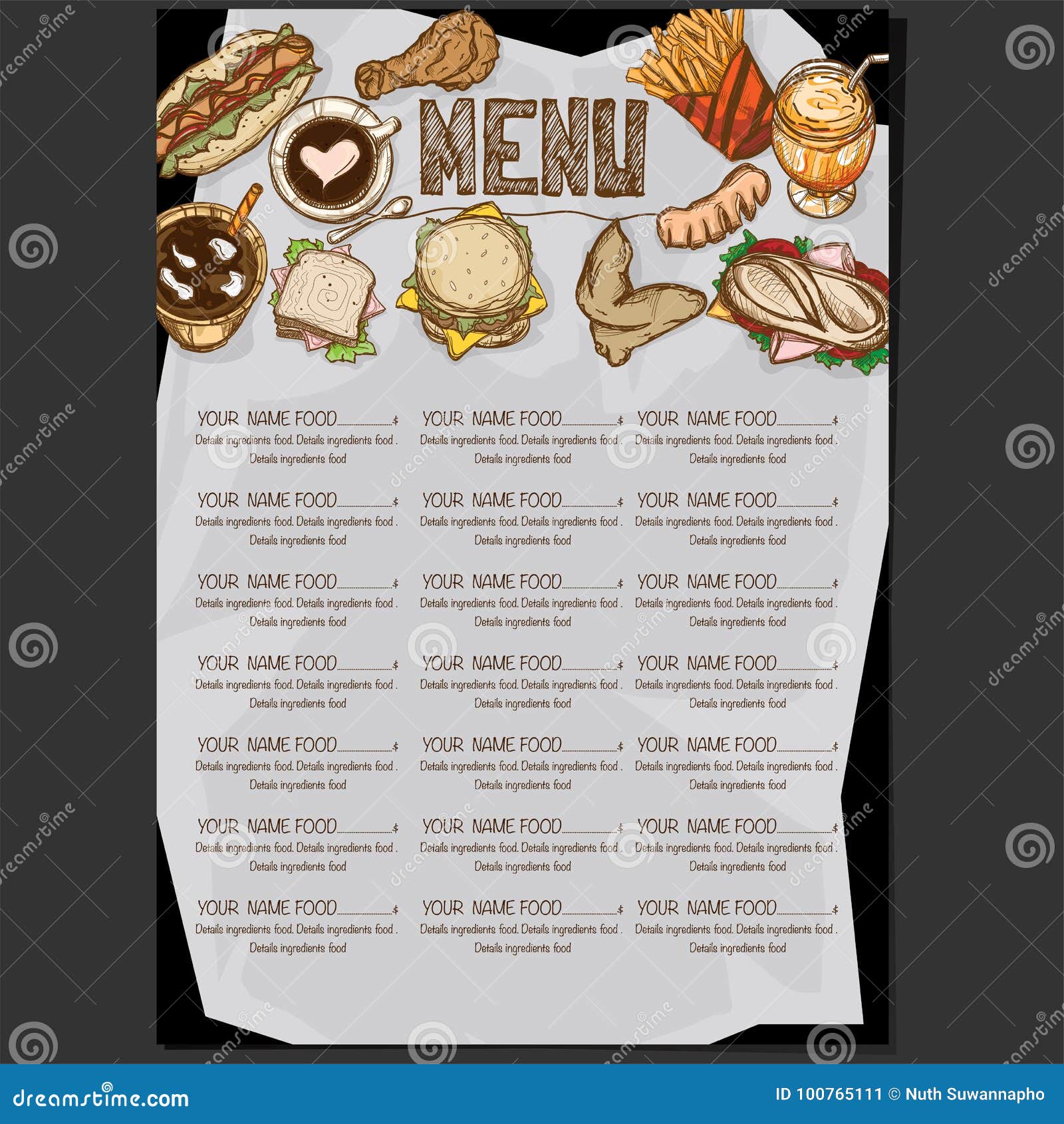Menu Food Restaurant Template Design Hand Drawing Graphic Stock Vector ...