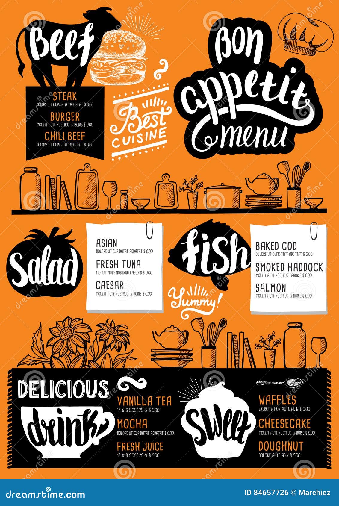 Menu Restaurant, Food Template. Stock Vector - Illustration of doodle ...