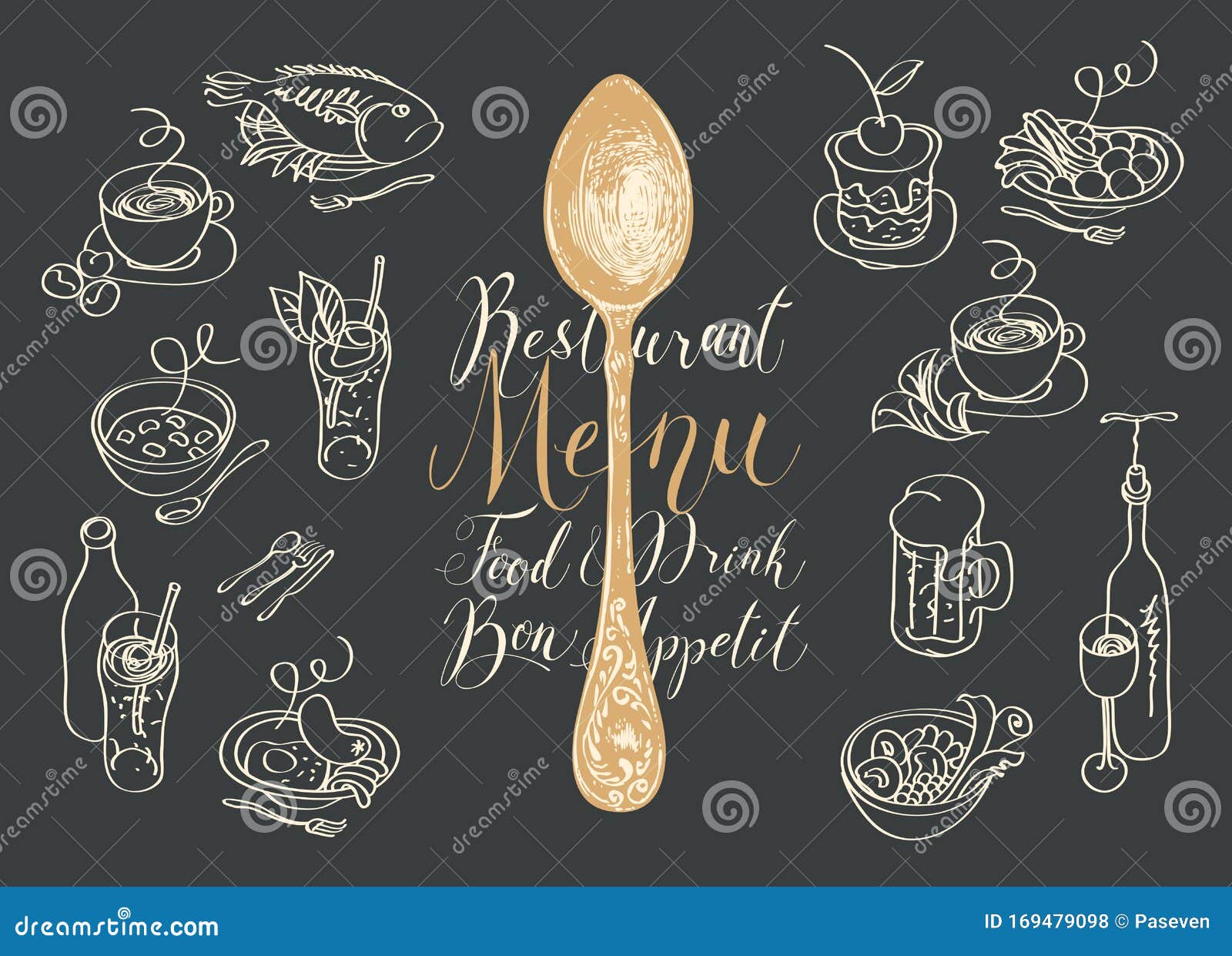 Menu with Spoon and Sketches of Different Dishes Stock Vector ...