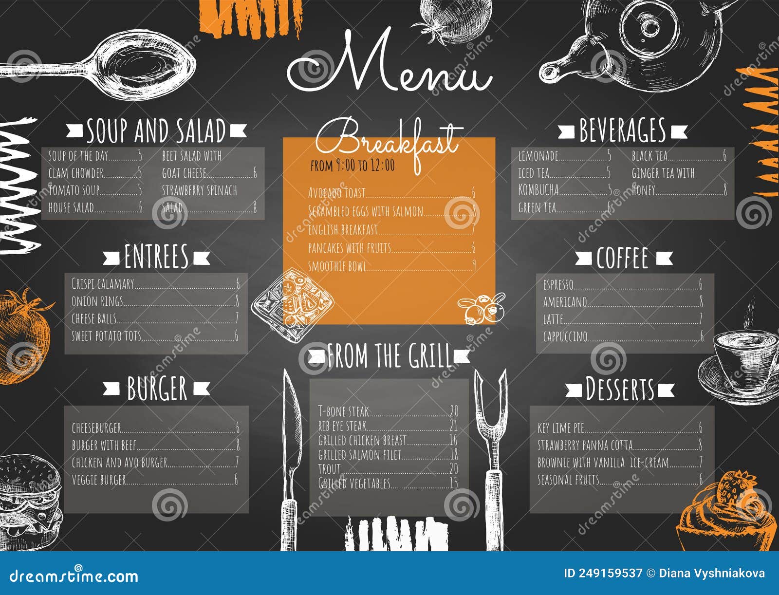 Menu Template Decorated with Hand Drawn Food Elements Stock Vector ...