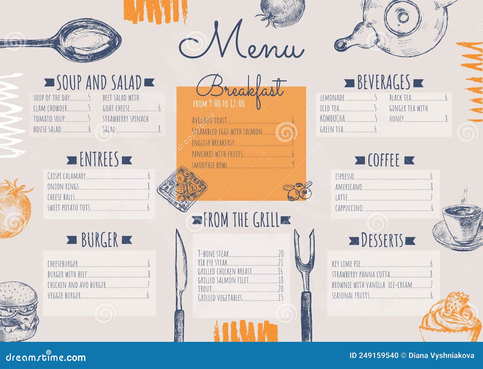 Menu Template Decorated with Hand Drawn Food Elements Stock Vector ...