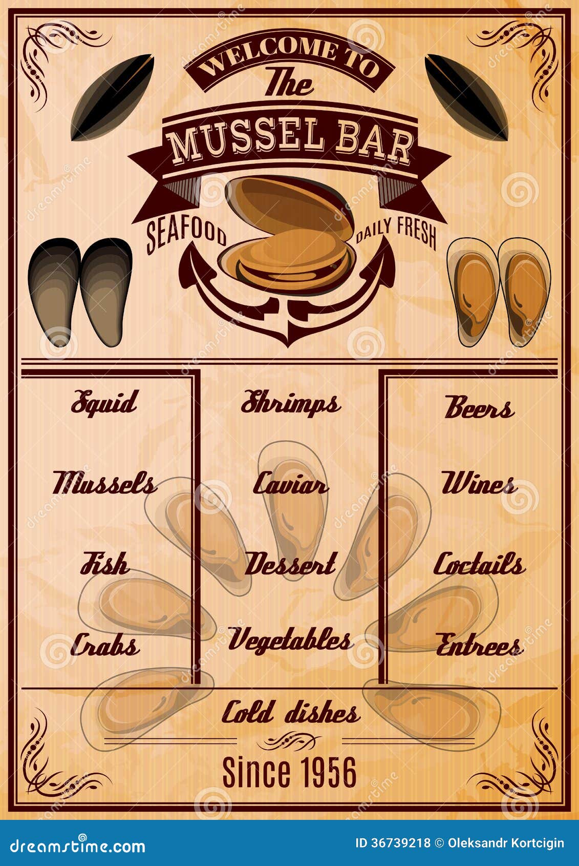 Menu template with mussels stock vector. Illustration of flyer - 36739218