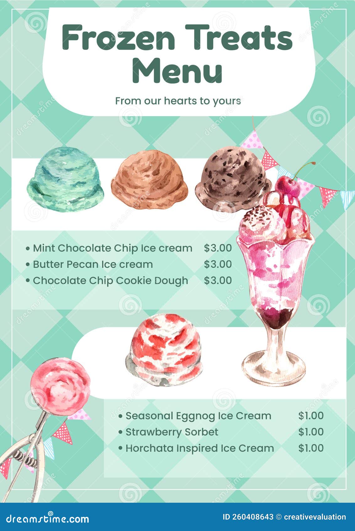 Menu Template with Sundae Ice Cream Concept, Watercolor Style Stock ...